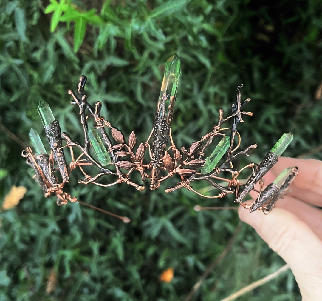 The VERDANT INDIE Crown - Quartz and Leaf Crystal Crown Tiara - Bridal ...
