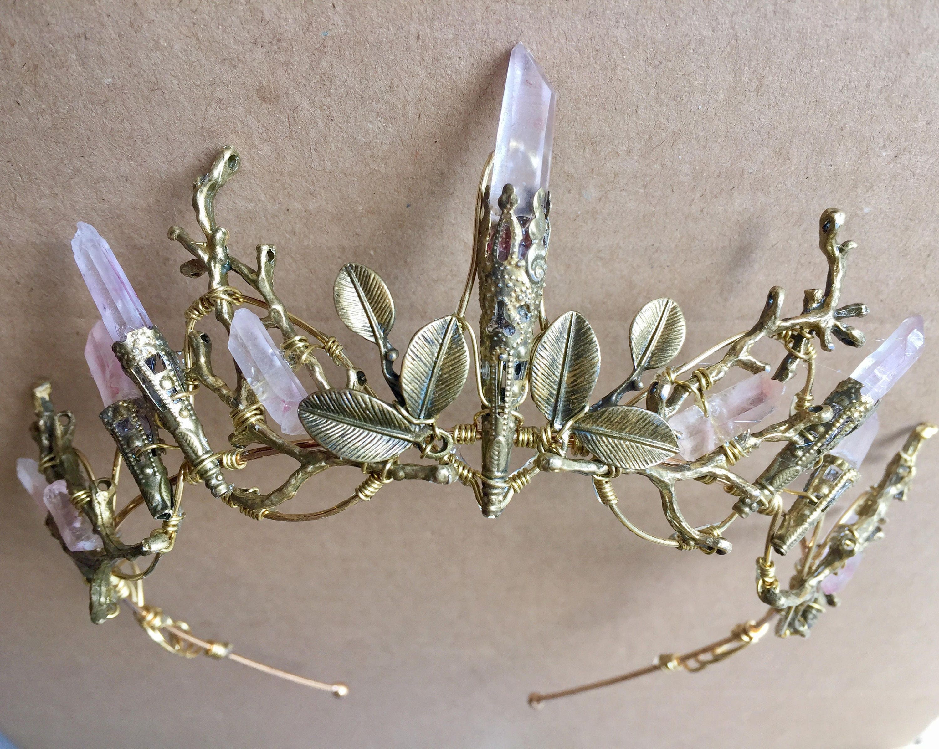 The INDIE ROSE Crown - Pale Pink Quartz and Leaf Crystal Crown Tiara ...