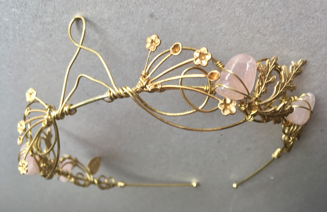 The ANAIS Rose Quartz Crystal Crown: Brass Gold Leaf Elvin Tiara - Etsy