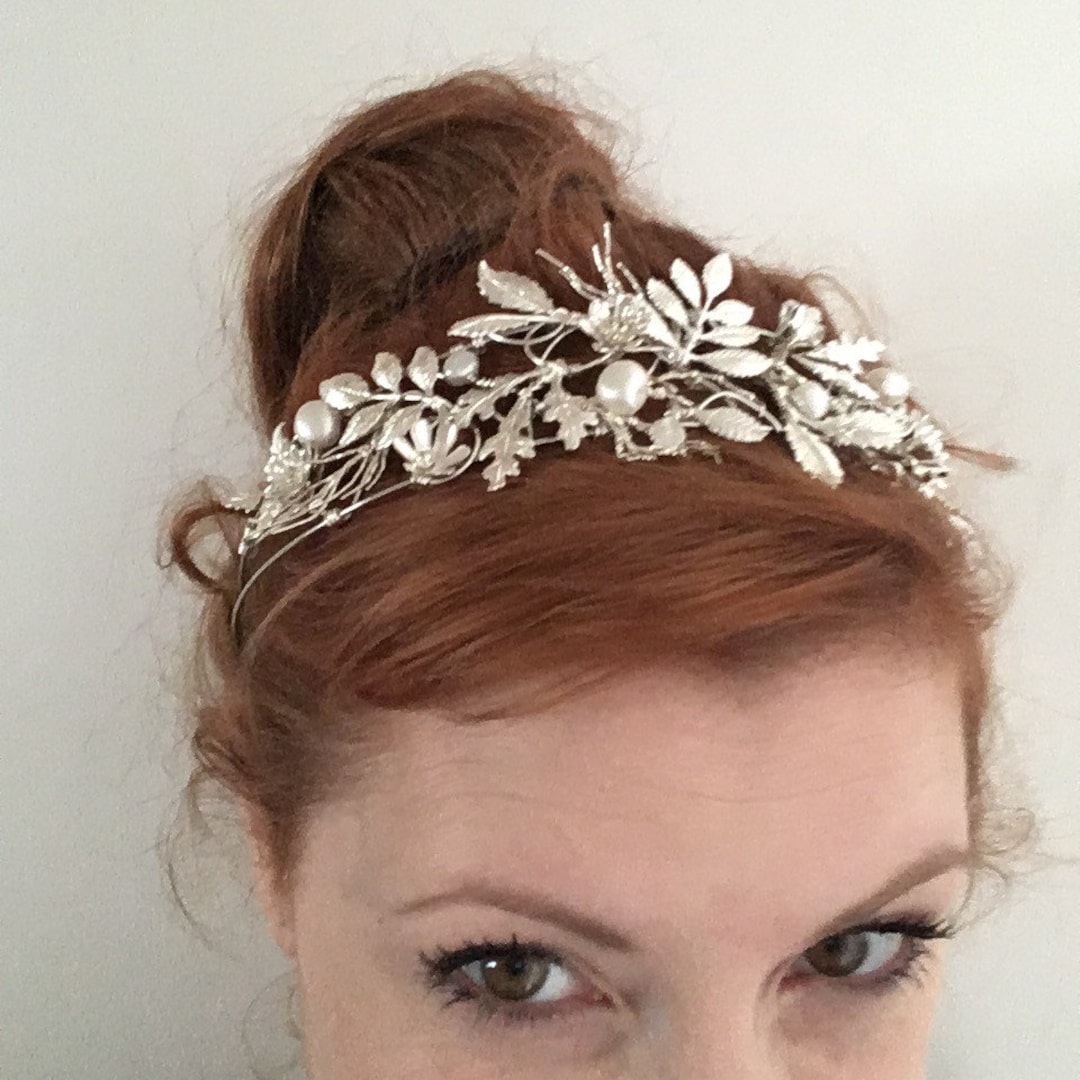 The OLWYN Pearl Headband: Floral Bridal Tiara Style Silver Branch Leaf ...