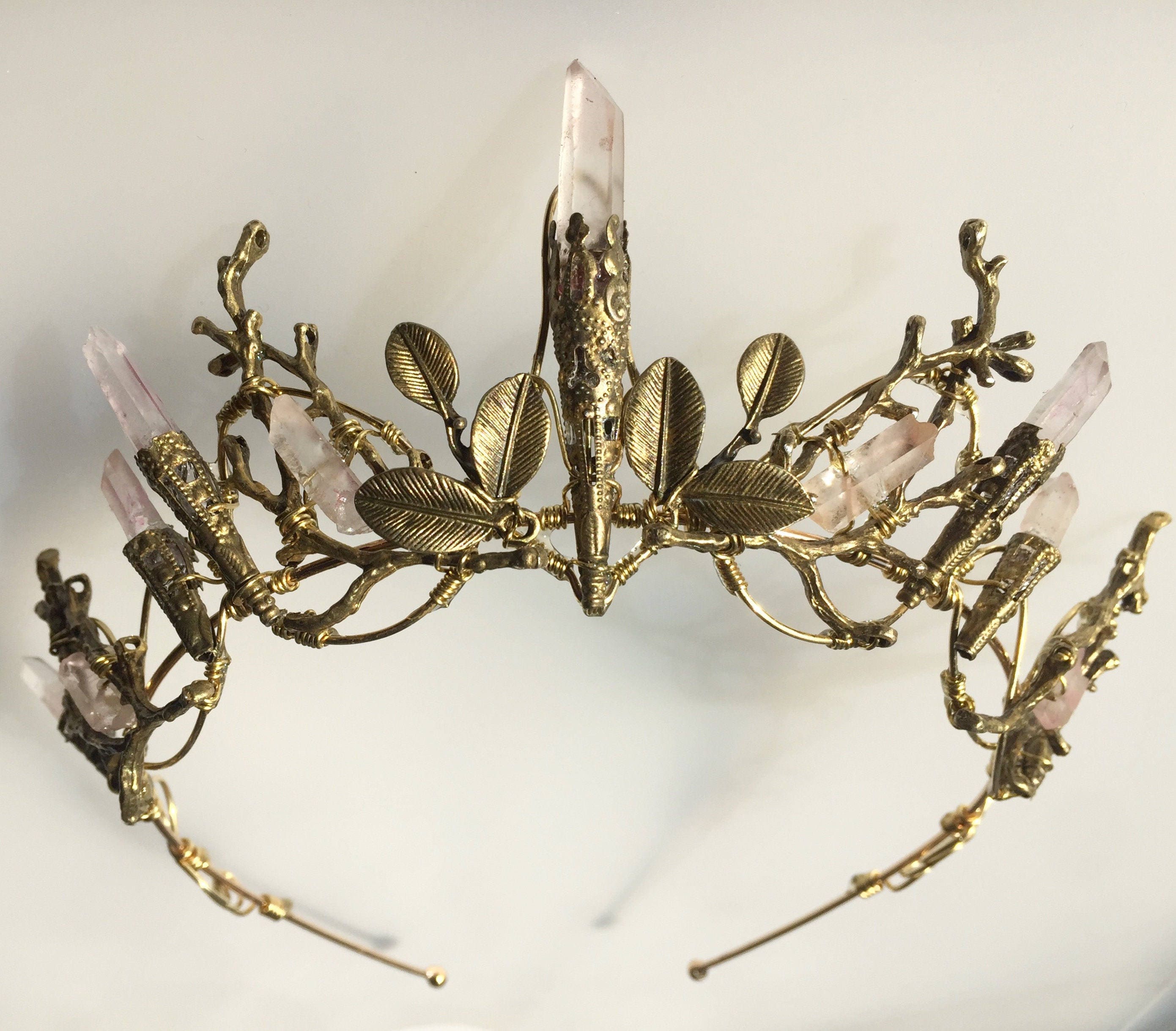 The INDIE ROSE Crown - Pale Pink Quartz and Leaf Crystal Crown Tiara ...