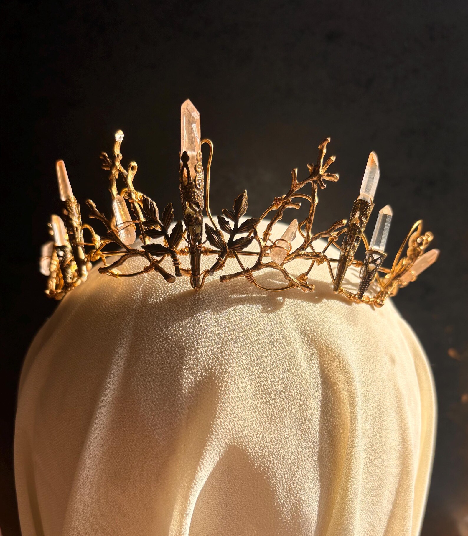 The INDIE ROSE Crown - Pale Pink Quartz and Leaf Crystal Crown Tiara ...