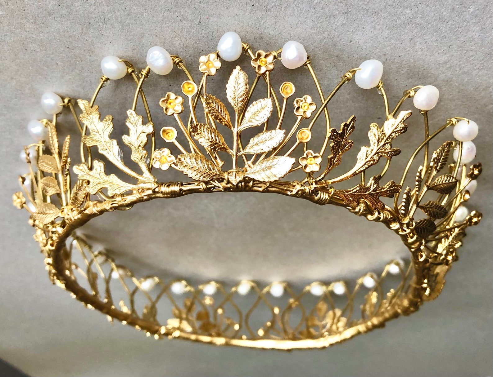 The FULL AGATHA Delicate Pearl Leaf Forest Gold Crown Renaissance ...