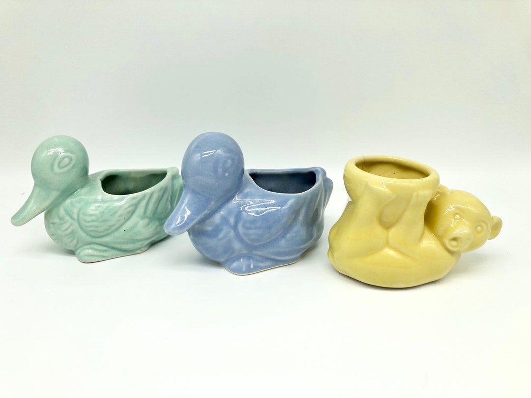 Small Animal Planters Vintage 1930s Duck, Monkey - Blue, Yellow Glaze ...