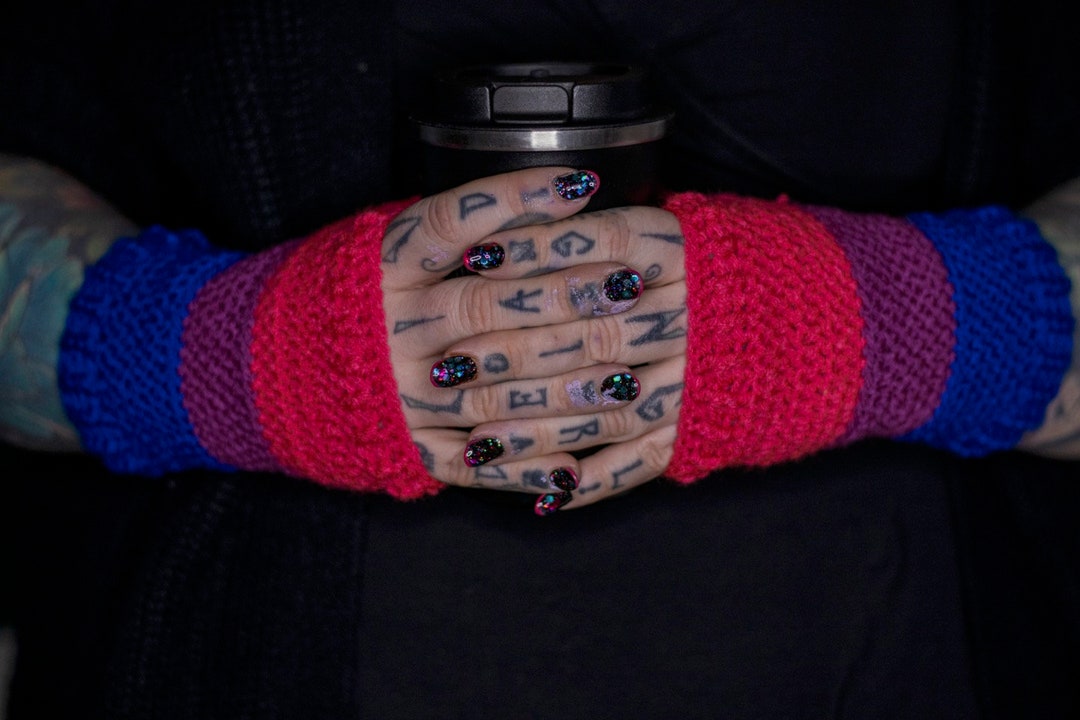 Bisexual Pride Flag Crocheted Fingerless Gloves, Handmade, Ribbed Cuff ...