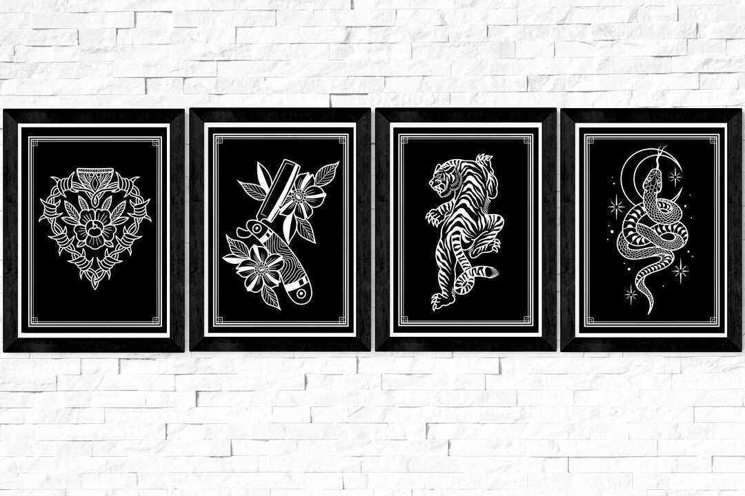 4 Pack Trad Tattoo Postcards, Black, A6, Collection, Tattoo Design Art ...