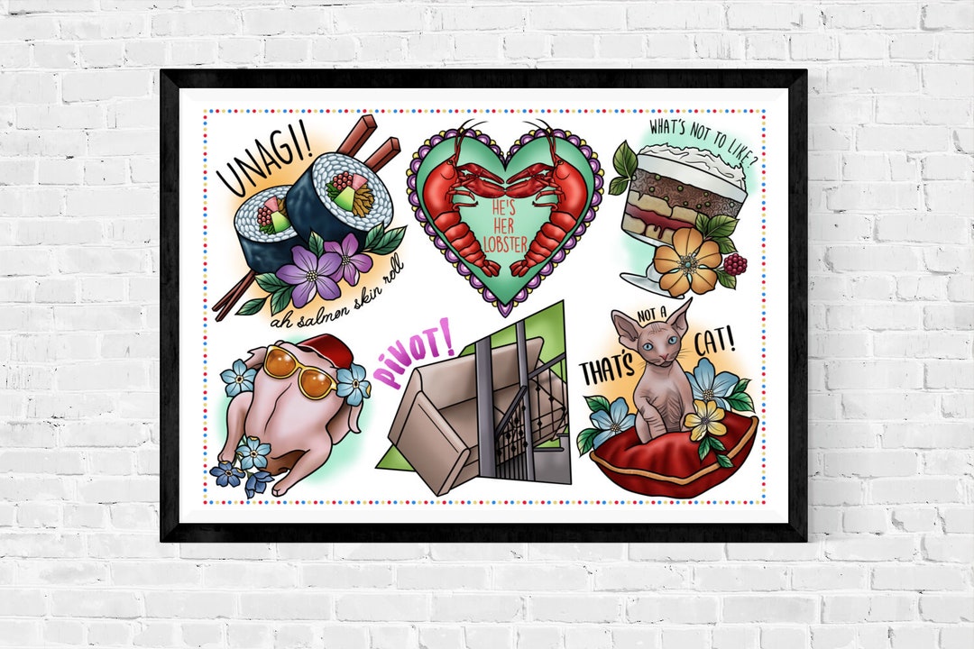 FRIENDS Tattoo Flash Sheet, A4 A3, TV, New York, Phoebe, Rachel, Joey ...