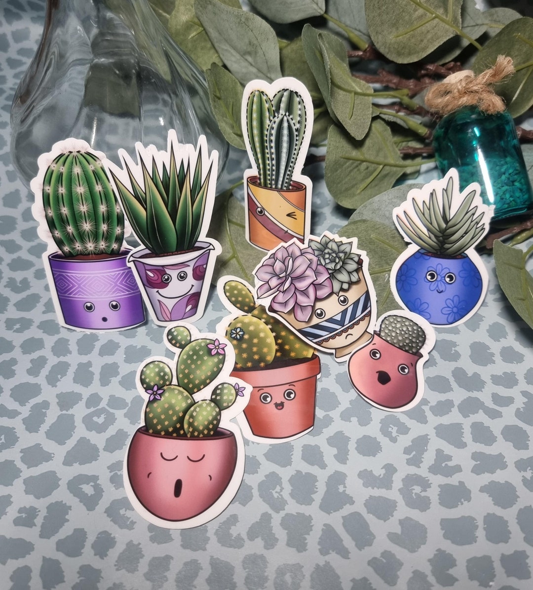Cute Cactus Stickers, 8 Pack, Gloss Vinyl Waterproof Permanent Sticker ...