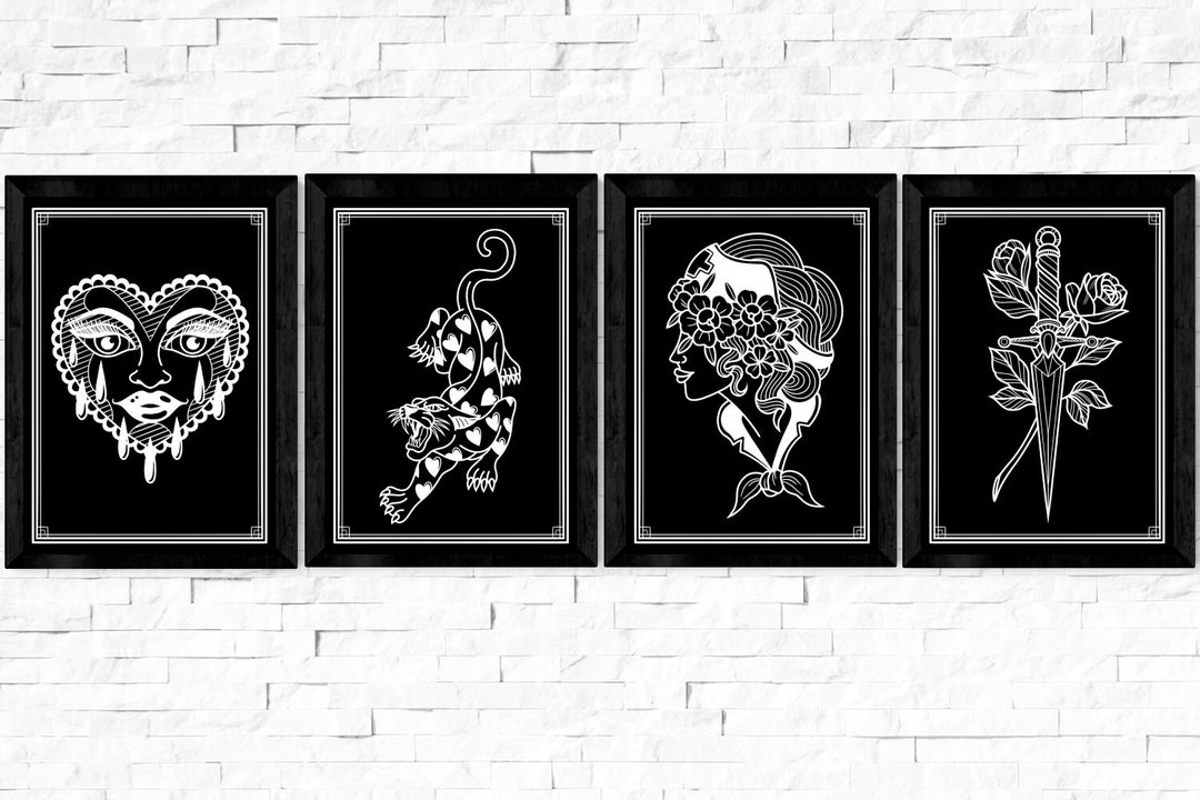4 Pack Trad Tattoo Postcards, Black, A6, Collection, Tattoo Design Art ...