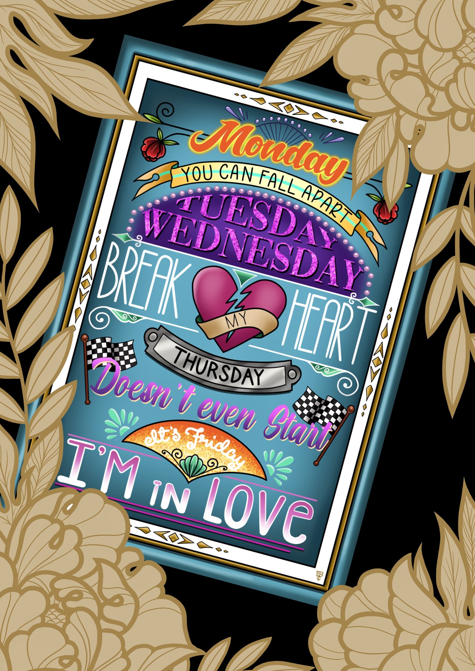 Friday I'm in Love Tattoo Style Art Print, A4, A5, Song Lyrics, the ...