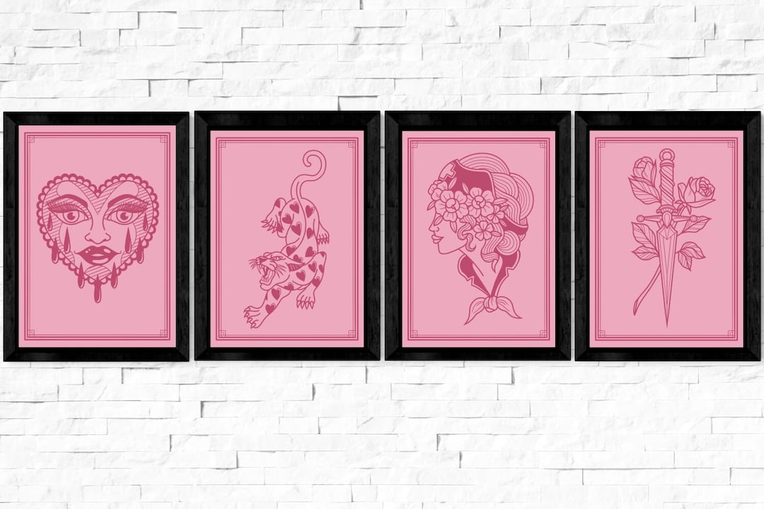 4 Pack Trad Tattoo Postcards, Pink, A6, Collection, Tattoo Design Art ...