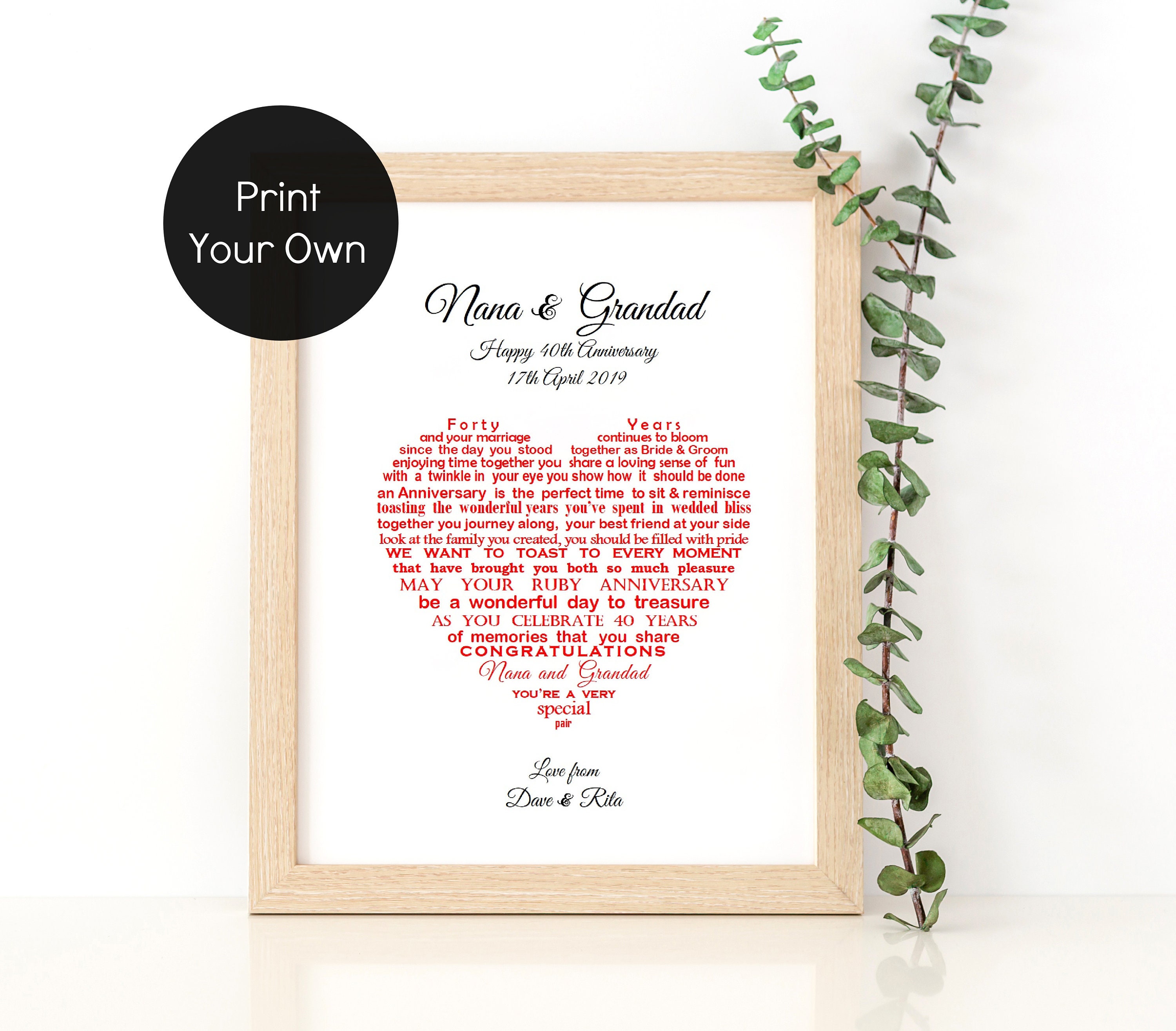 Personalised Ruby Anniversary Gift UNFRAMED 40th Wedding | Etsy UK