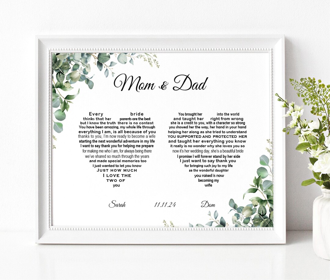 Wedding Gifts for Parents, UNFRAMED Parents of the Bride Poem, Mother ...