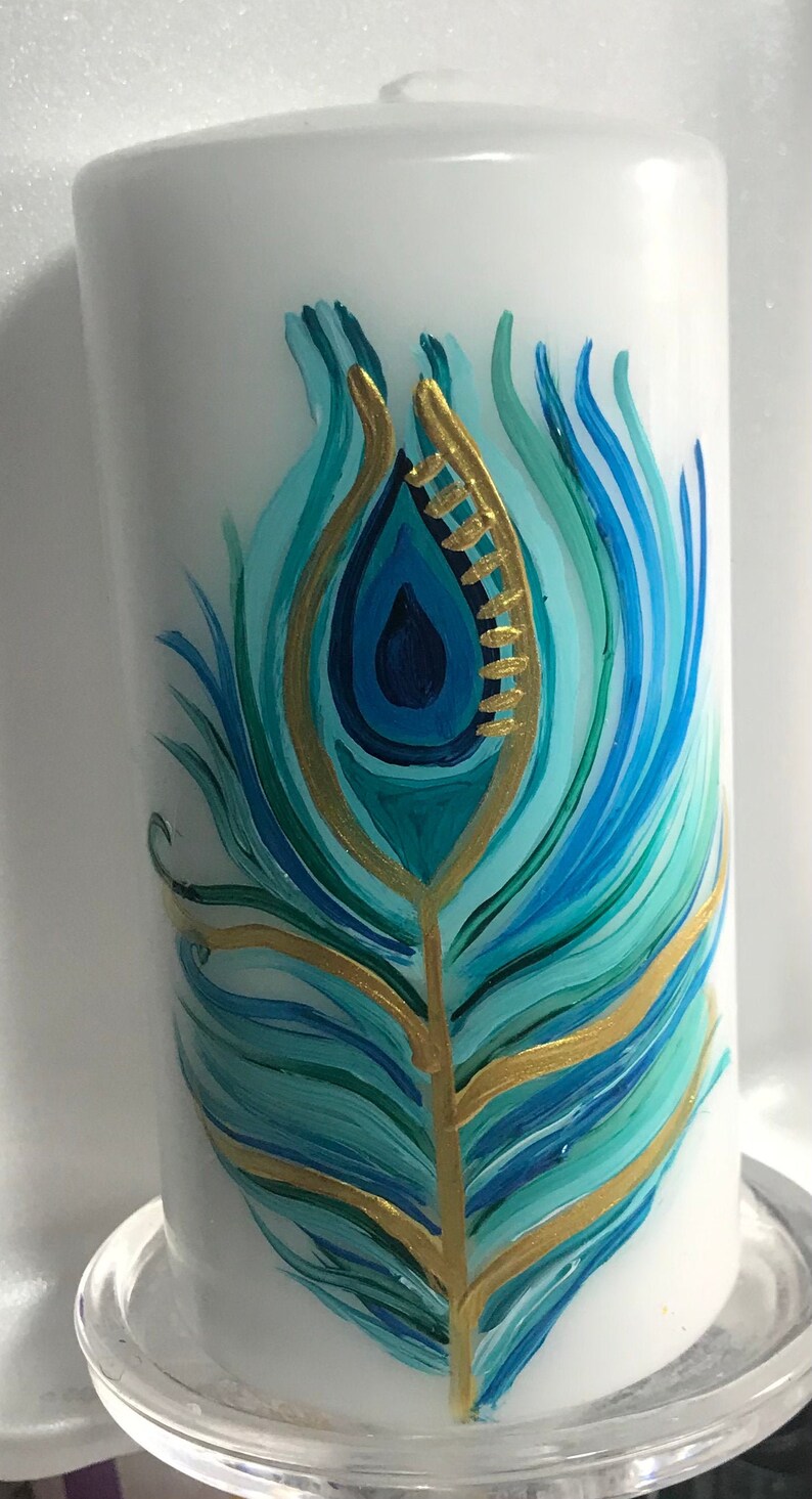 Hand Painted Peacock Feather Pillar Candle - Etsy