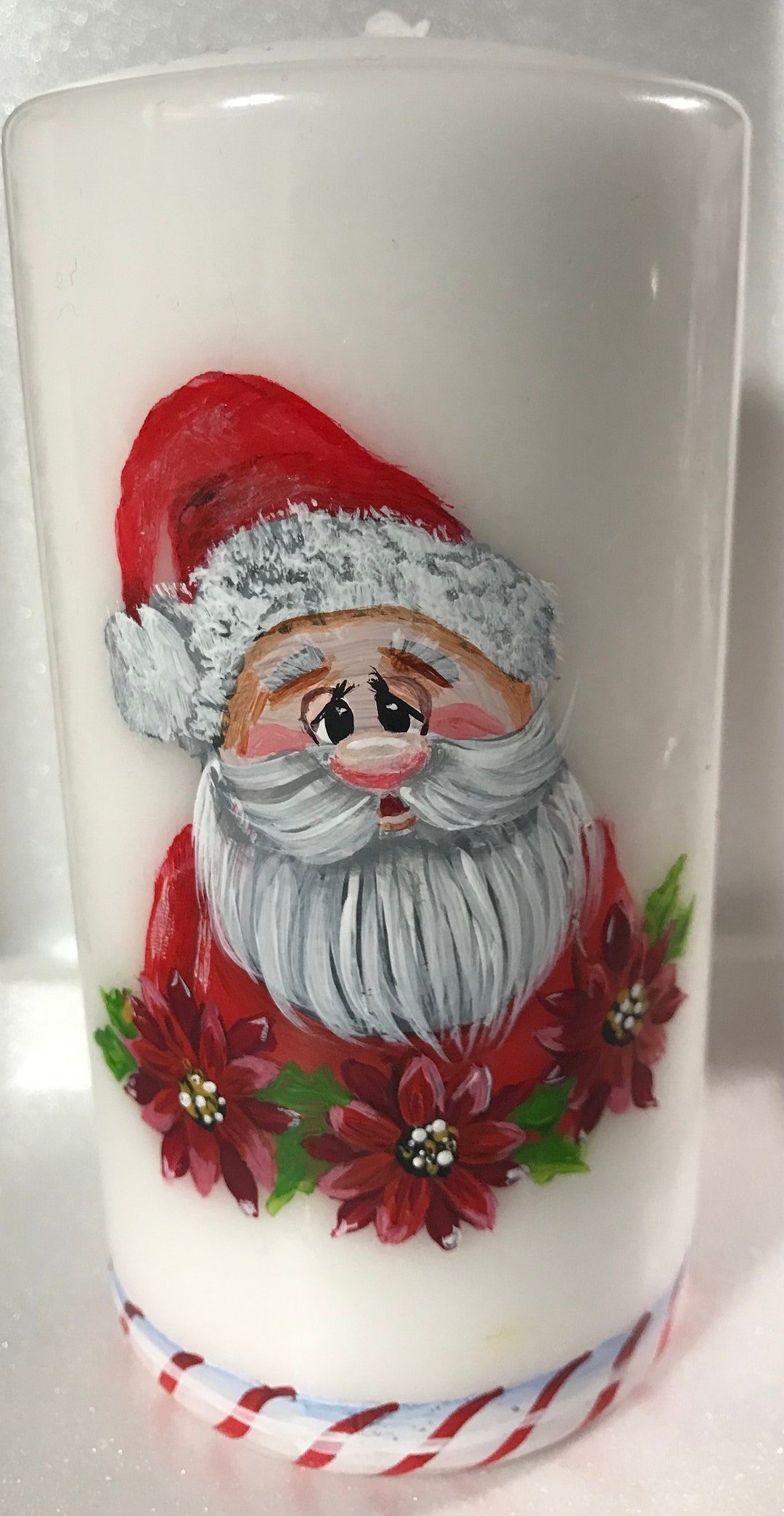 Hand Painted Poinsettia Santa Pillar Candle - Etsy