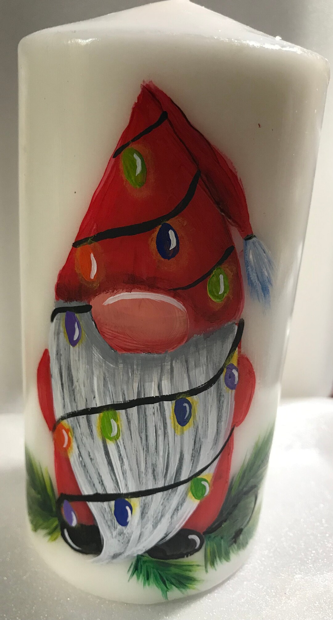 Hand Painted Tangled in Lights Gnome Pillar Candle - Etsy