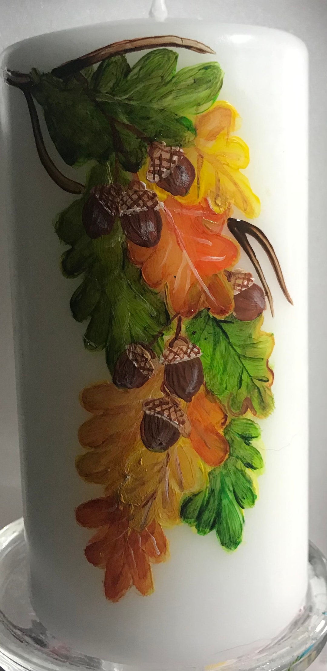Hand Painted Fall Leaves and Acorn Pillar Candle - Etsy