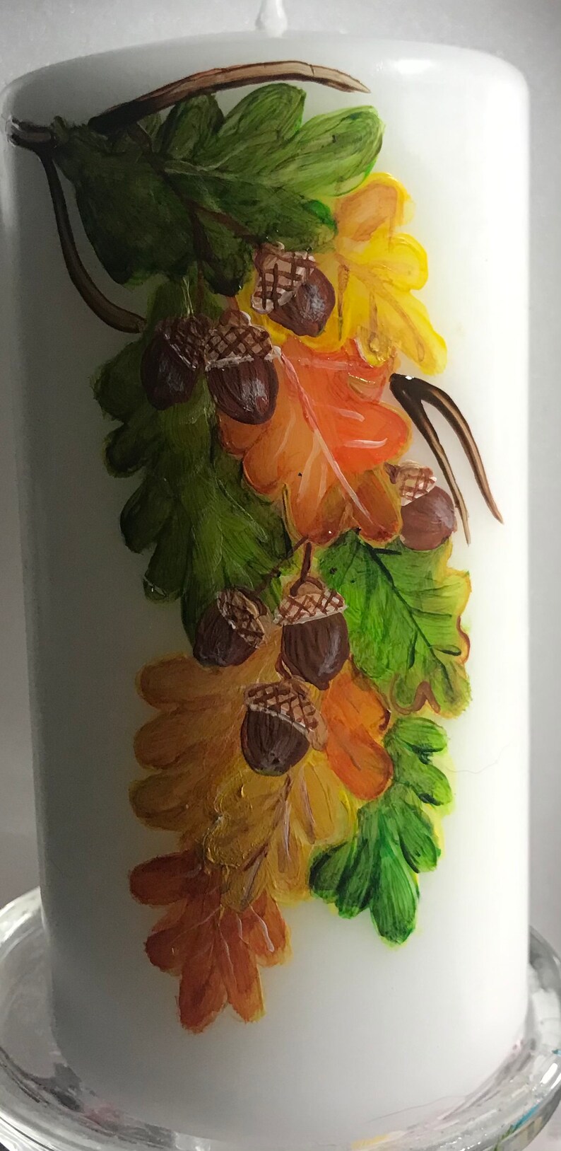 Hand Painted Fall Leaves and Acorn Pillar Candle | Etsy