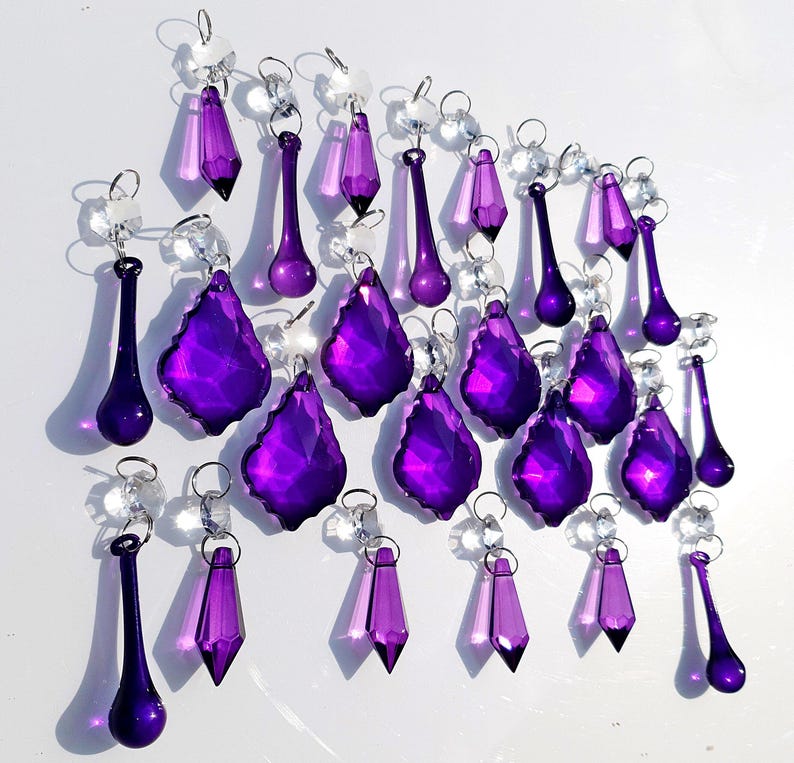 24 Antique Purple Chandelier Drops Glass Crystals Droplets Chic Vintage ...