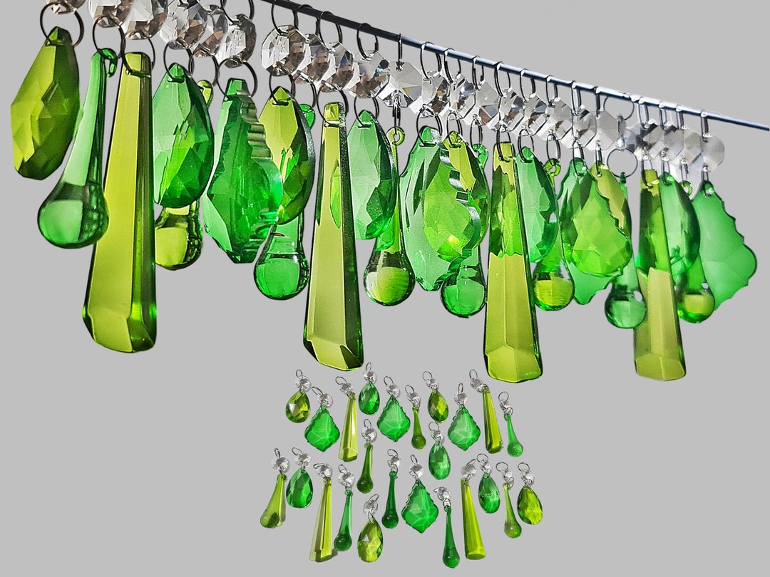 12 or 24 Emerald & Sage Green Chandelier Drops Glass Crystals Droplets ...
