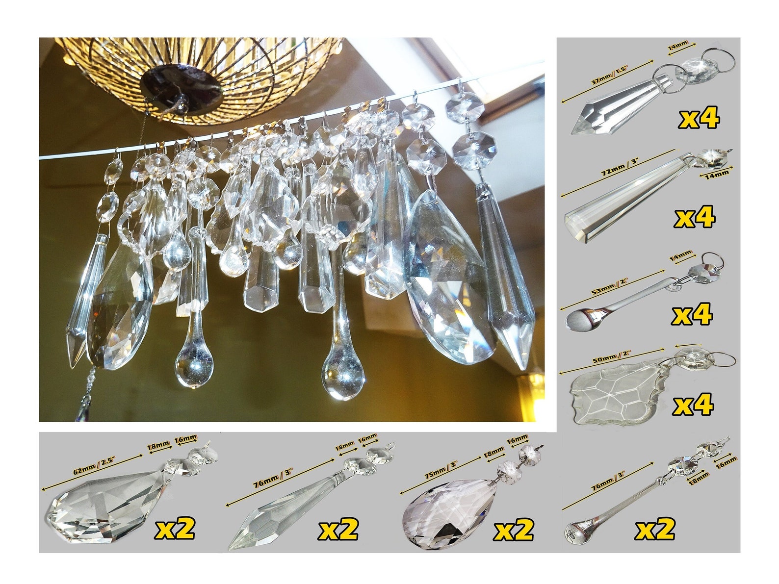 24 Chandelier Drops Parts Glass & XL Prisms Crystals Shabby Droplets ...