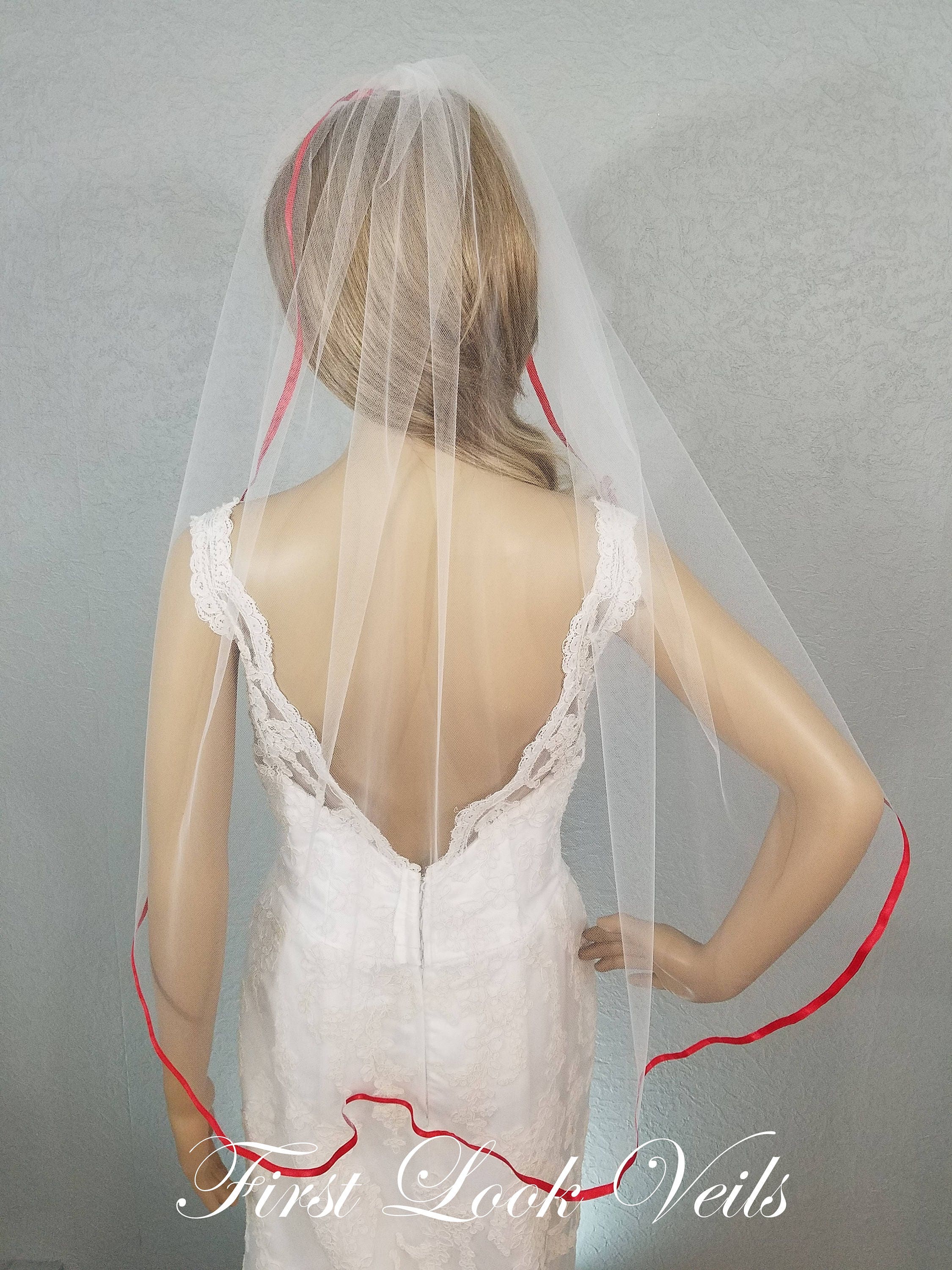 White Bridal Veil, Red Veil, Red Ribbon Veil, Military Wedding, White ...