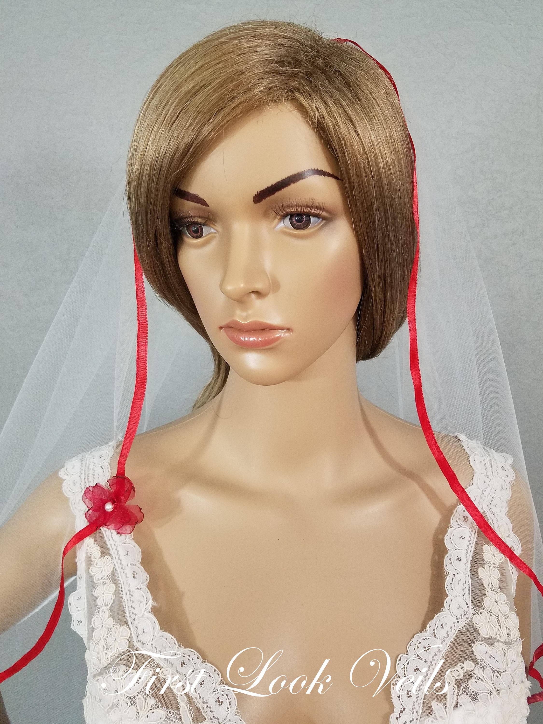 White Bridal Veil, Red Veil, Red Ribbon Veil, Military Wedding, White ...