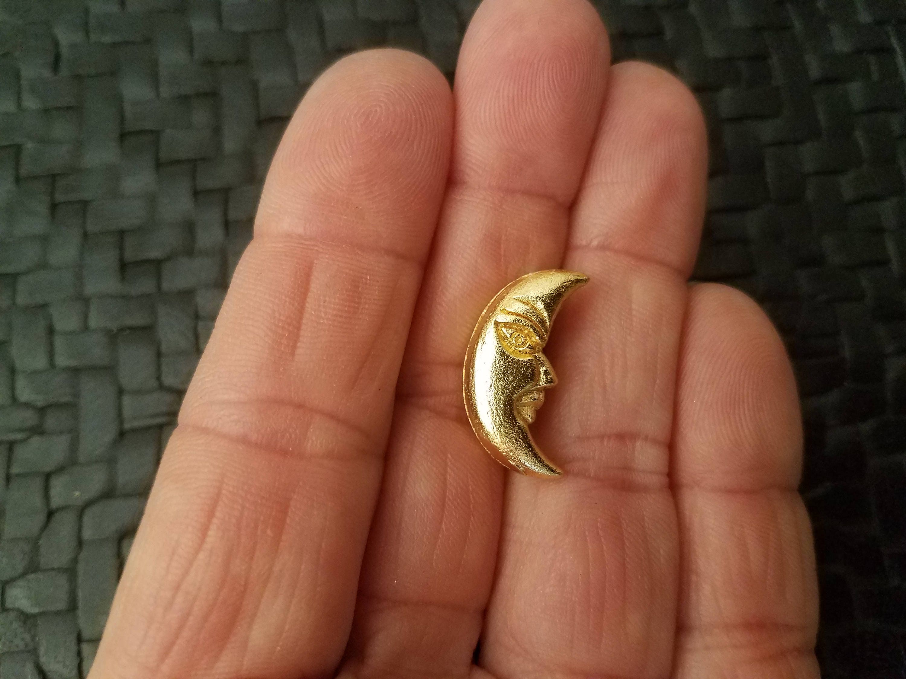 Crescent Moon Bead or Pendant, Gold Moon Charm, Man in the Moon, Gold ...