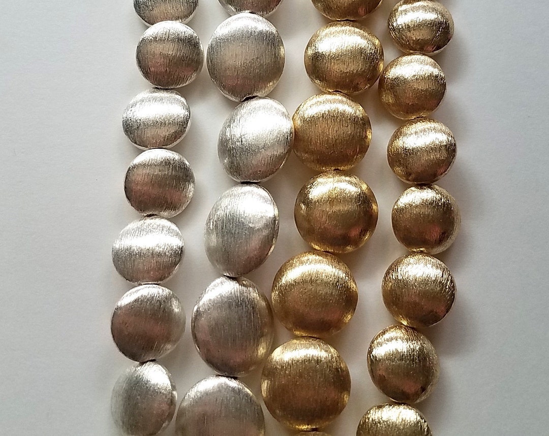 Silver & Gold Coin Puff Disc Lentil Beads, 12mm-14mm, 7pc, Brushed ...