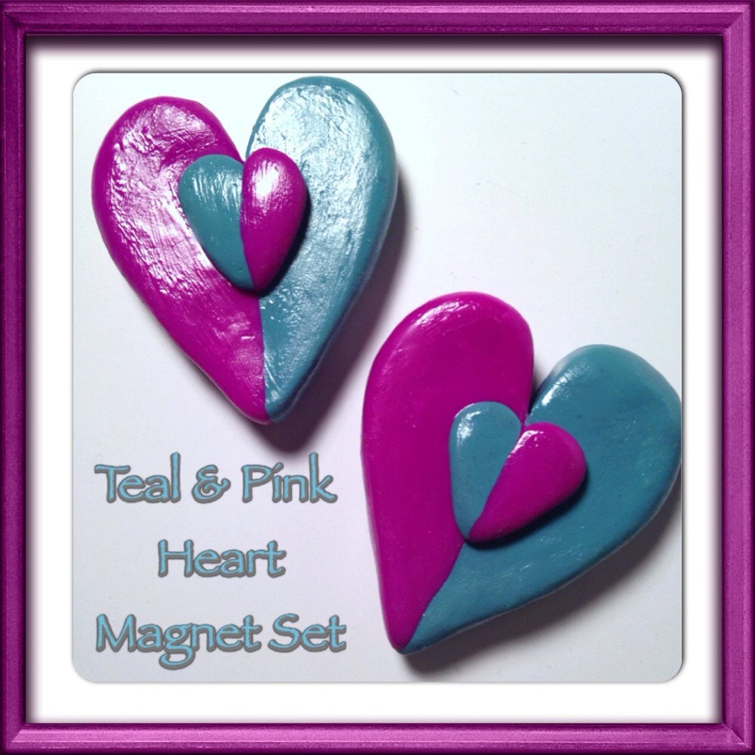 Polymer Clay Teal & Pink Heart Magnet Set - Heart Magnets - Turquoise ...