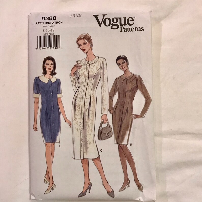 Vogue 9388 Sewing Pattern: Princess Seam Dress, Collar Detail, Size 8 ...