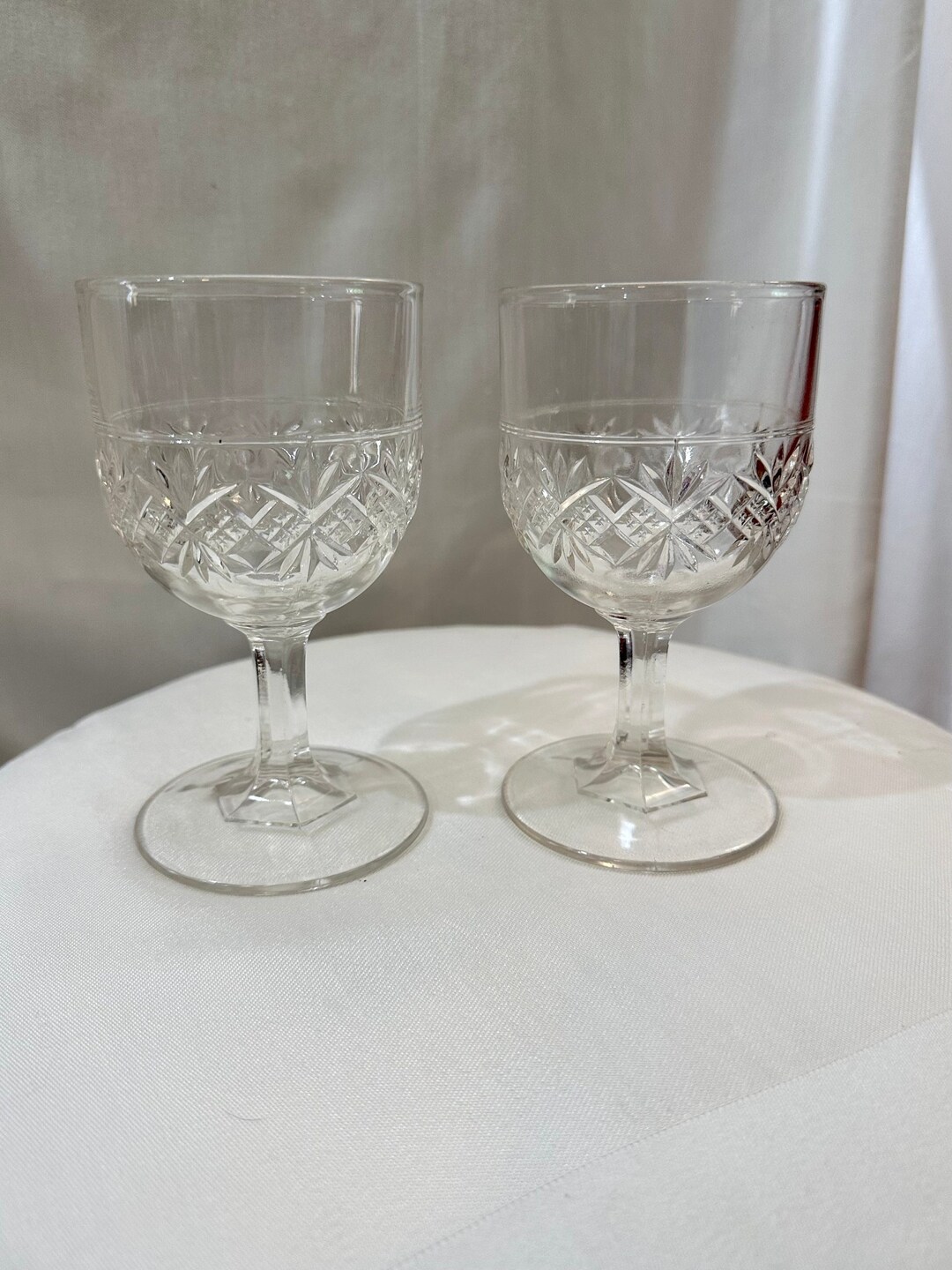 Pair, Plain Sunburst EAPG Wine Goblets, Early American Pattern Glass ...