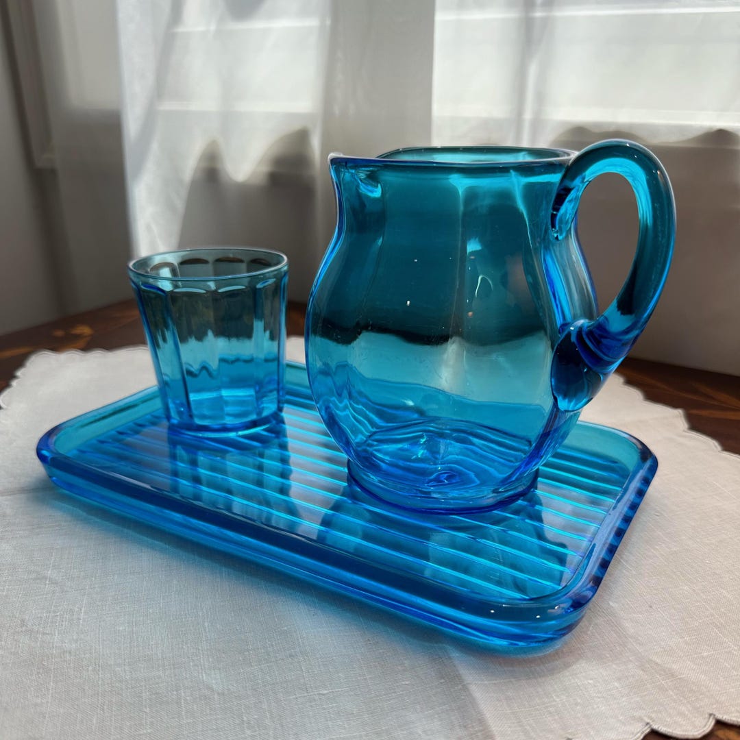 Vintage Bedside Water Set, Pitcher, Tumbler and Tray, in Capri Blue ...