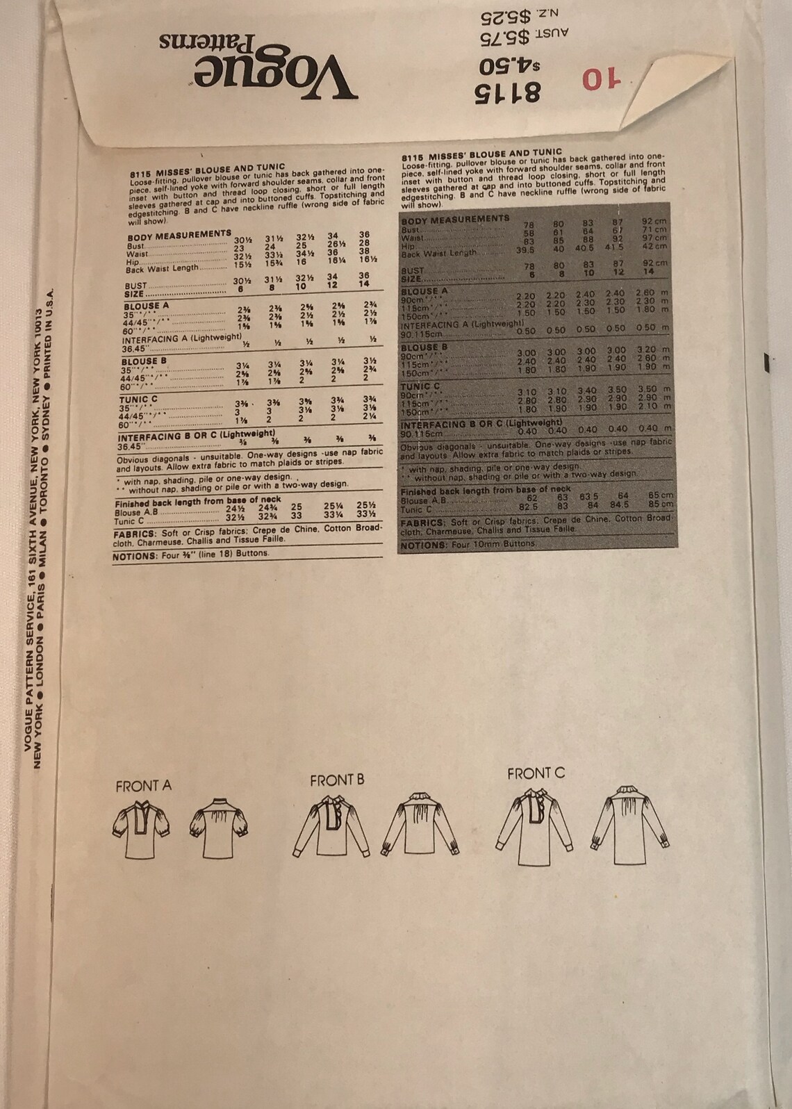 Vogue 8115 Sewing Pattern, Ruffled Prairie Style Blouse, Size 10, Uncut ...