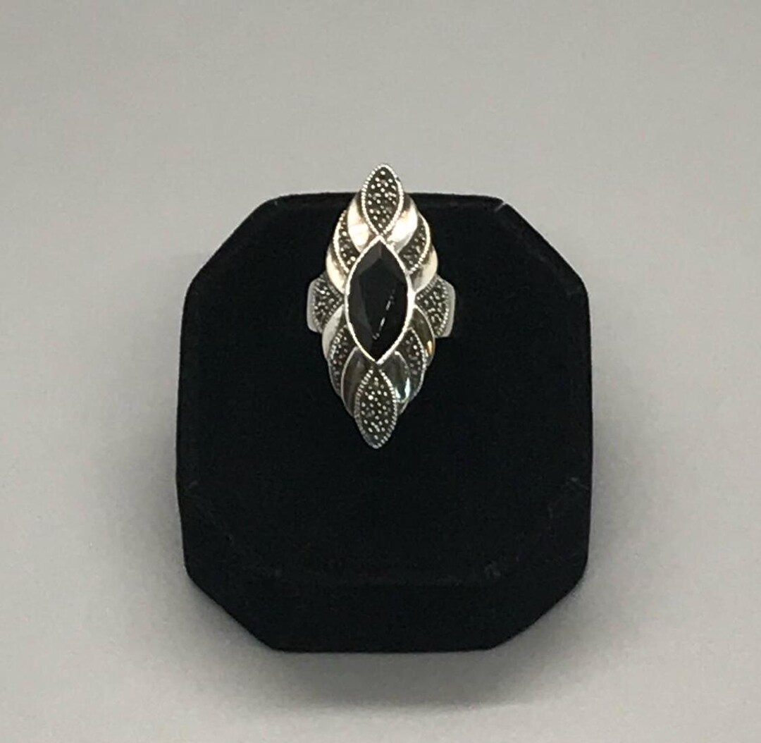 Judith Jack Sterling Silver Marcasite Ring: Black Stone Goth Style ...