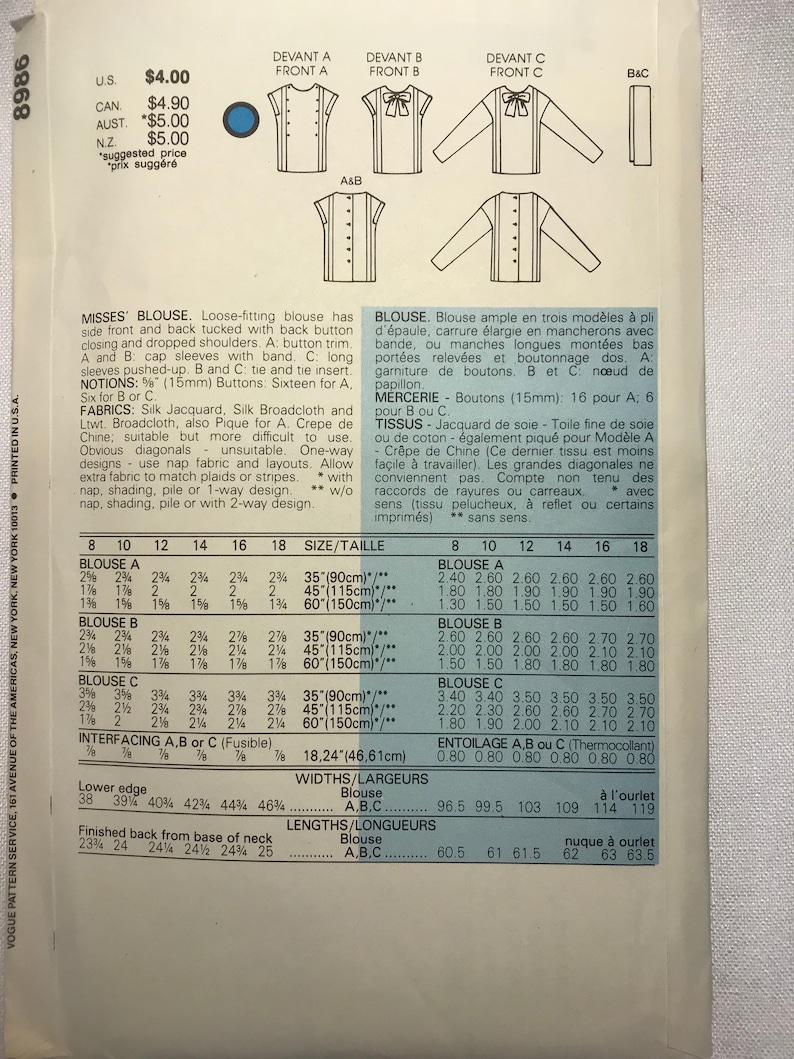 Vogue 8986 Vintage Sewing Pattern: Tucked Blouse With Back Buttons ...