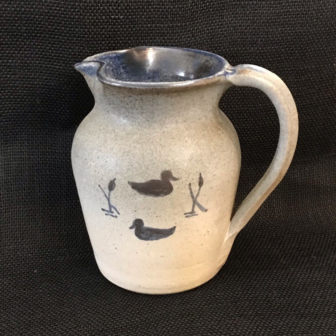 Vintage Southern Pottery With Ducks and Cat Tails, Blue Salt Glaze ...