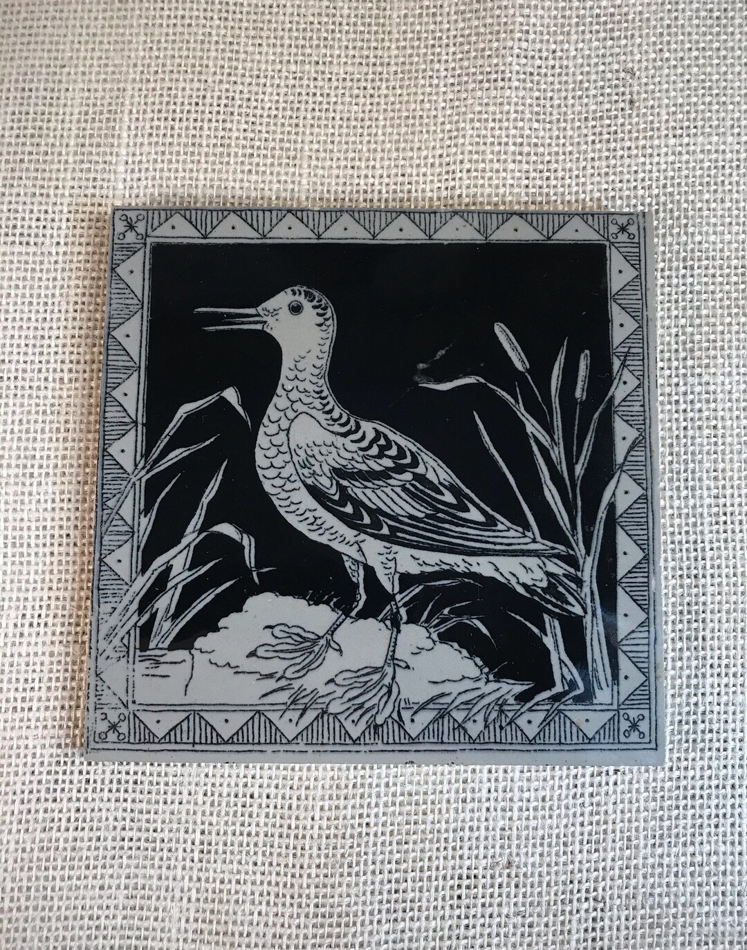 Antique Minton Transferware Tile: Dark Blue Shore Bird With Cattails - Etsy