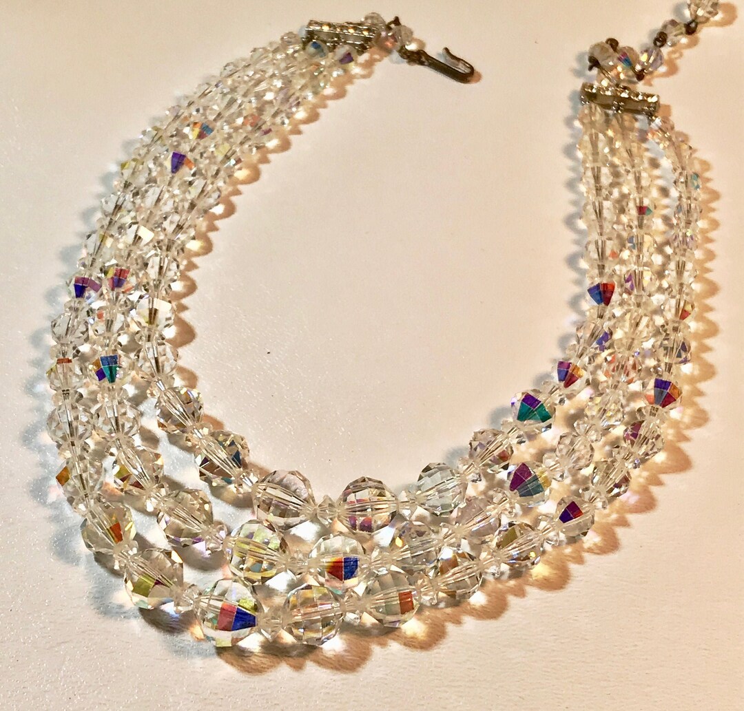 Vintage Laguna Beaded Necklace, 3 Strand, Swarovski Crystal chess Board ...