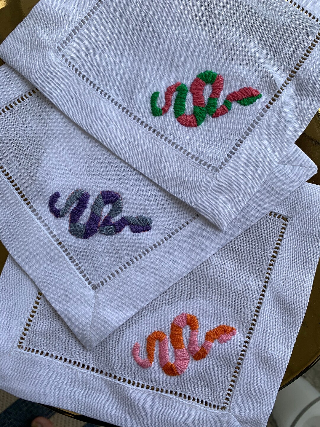 Hand-embroidered White Linen Preppy Snake Cocktail Napkins (set of Four ...