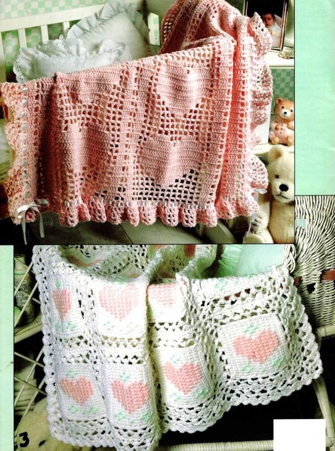 Vintage Crochet Two Adorable Baby Afghans Patterns Crossed Hearts and ...