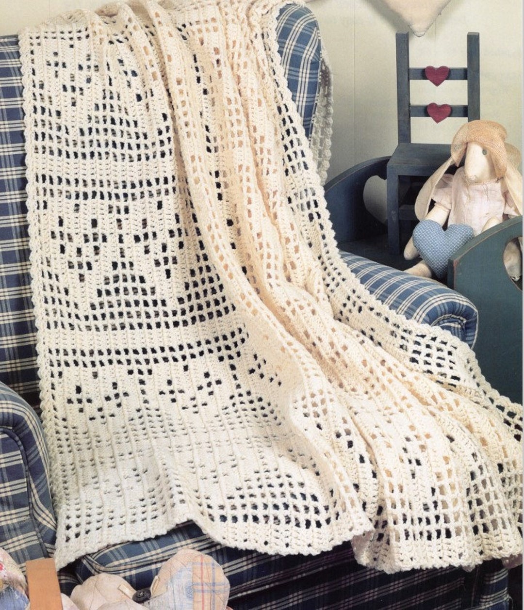 Vintage Filet Crochet Pattern Elegant Hearts Afghan PDF Instant Digital ...