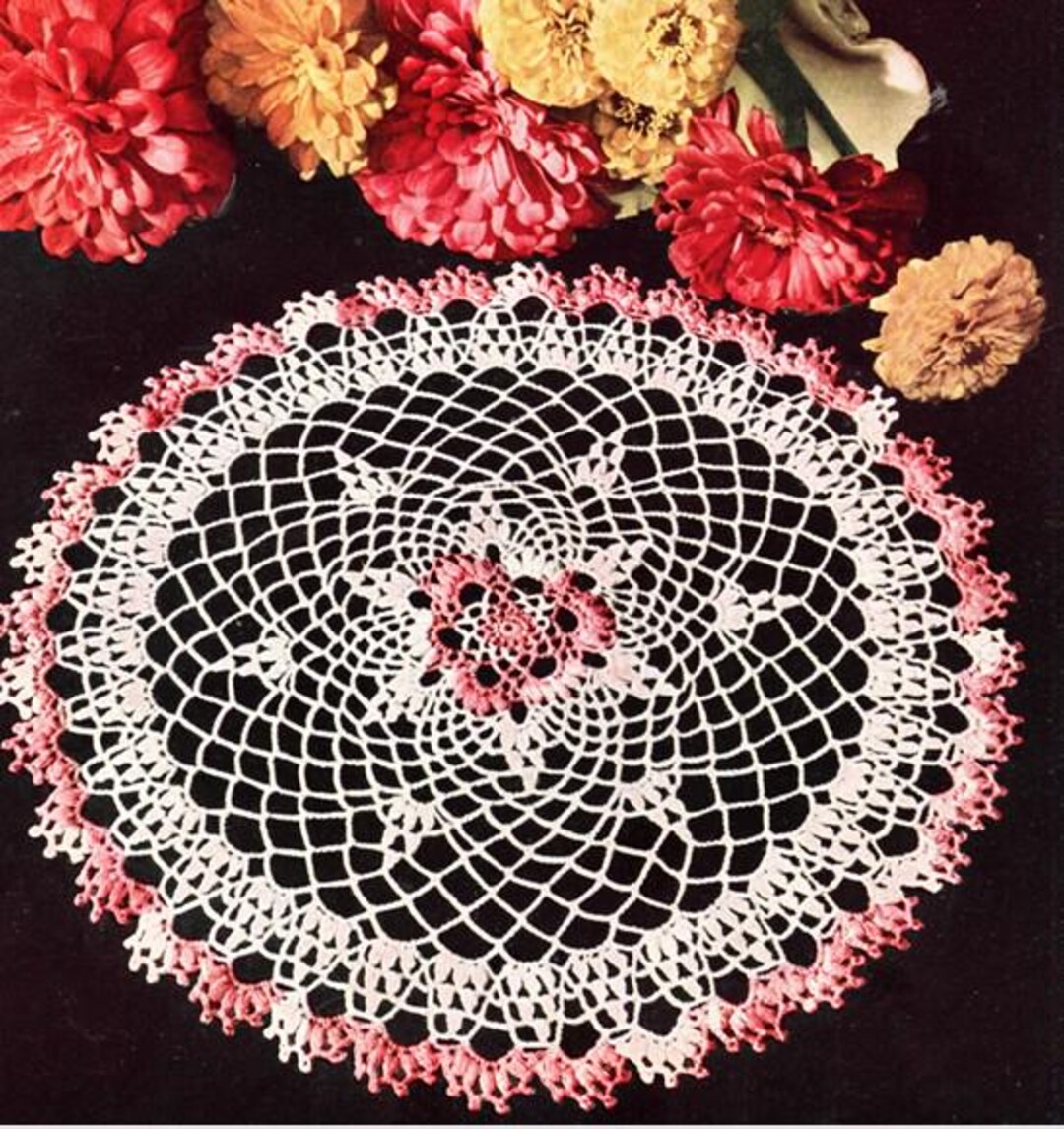 Vintage Crochet Lacey Pattern Pink and White Doily Table Mat ...