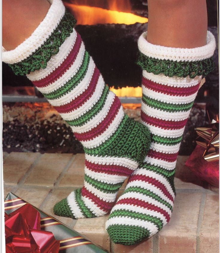 Vintage Retro Crochet Pattern Striped Christmas Stocking Candy Cane ...