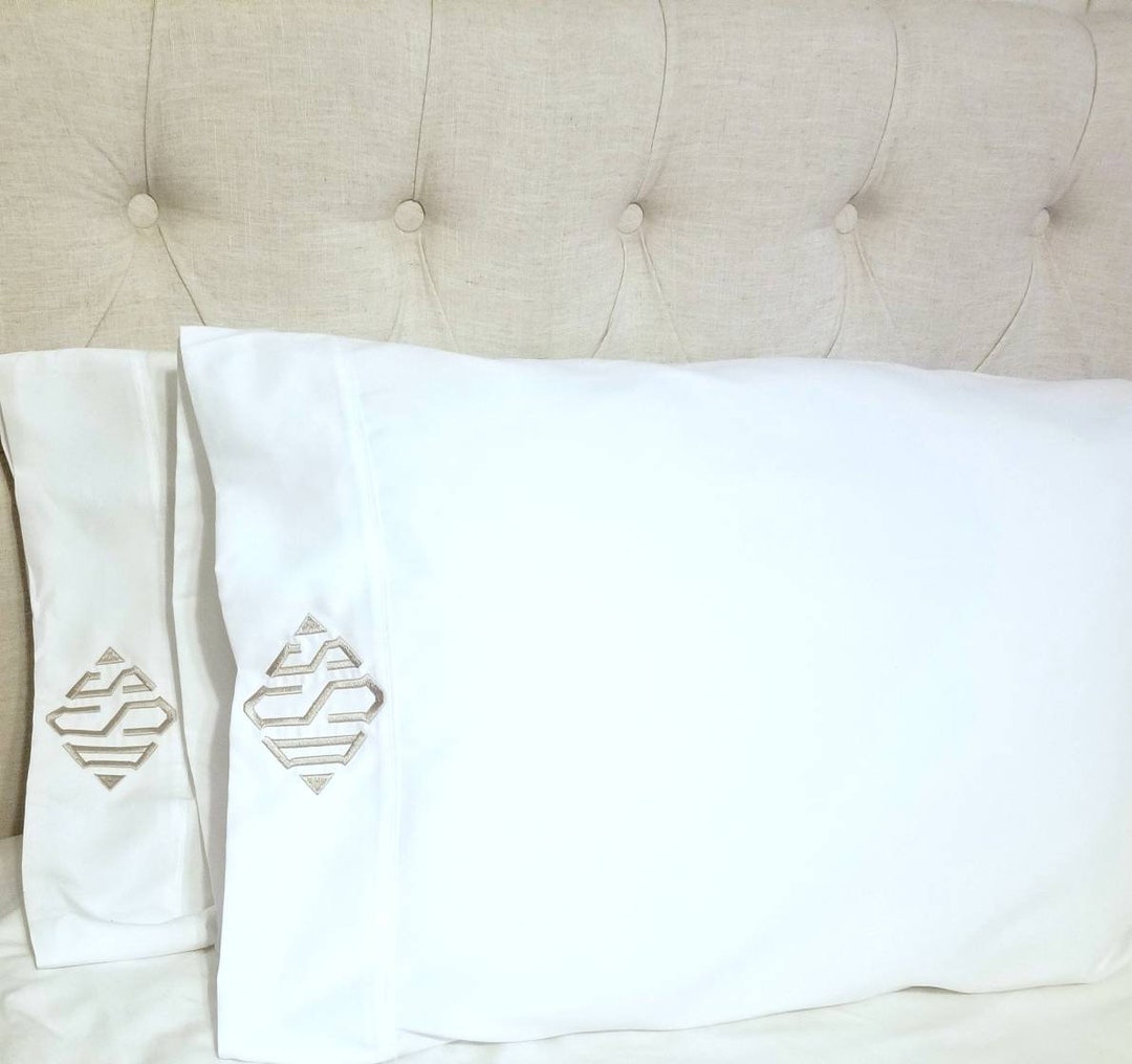100% Cotton Monogrammed White Sheet Set Custom Diamond Embroidery ...