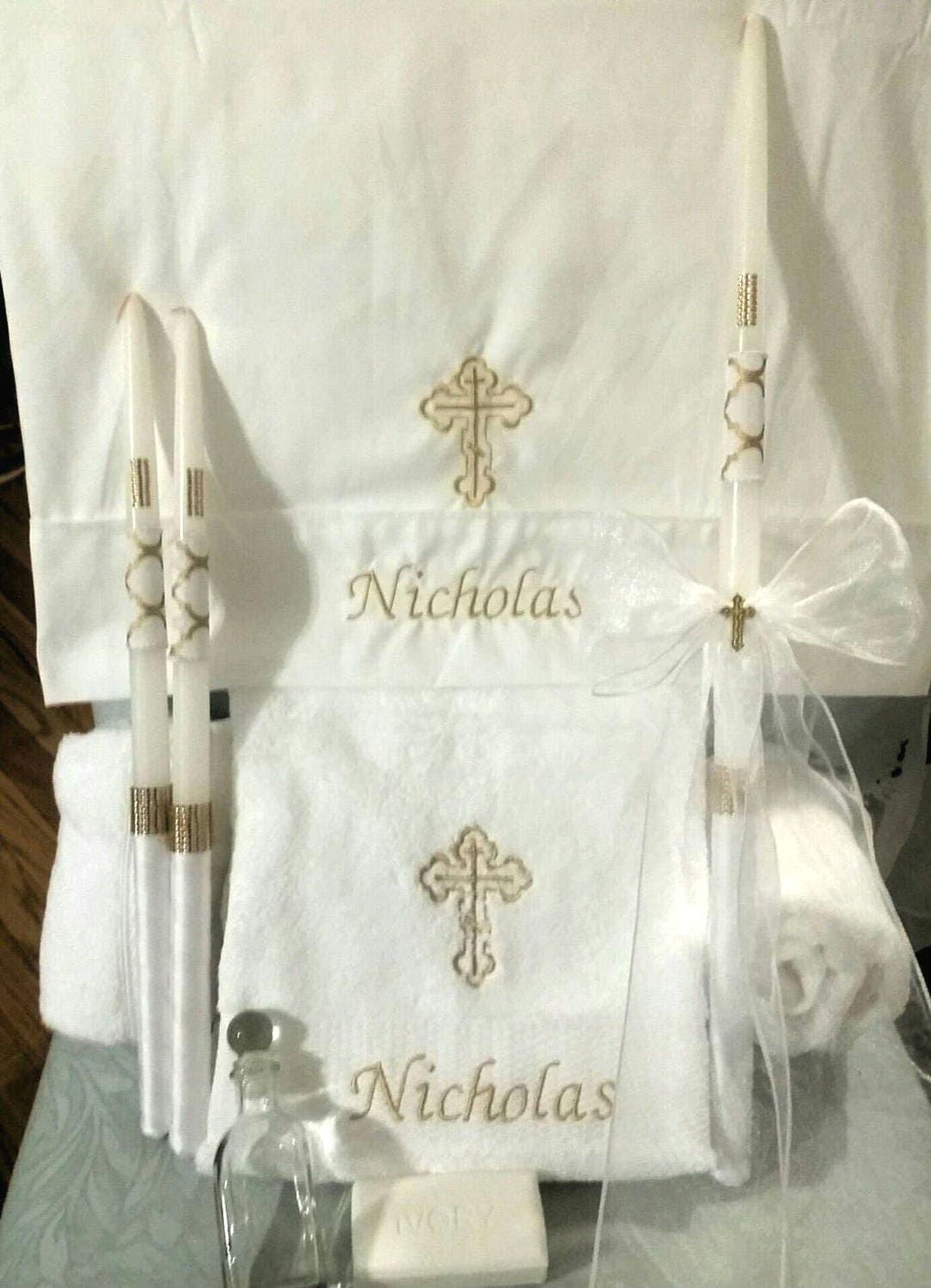 Personalized Baptism Towels, Candles and Oil Sheet for Greek Orthodox ...