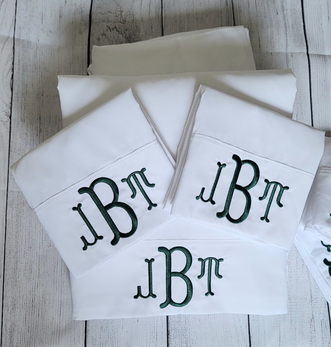 Monogrammed White Sheet Set Custom Embroidery Fishtail Font Bedding ...