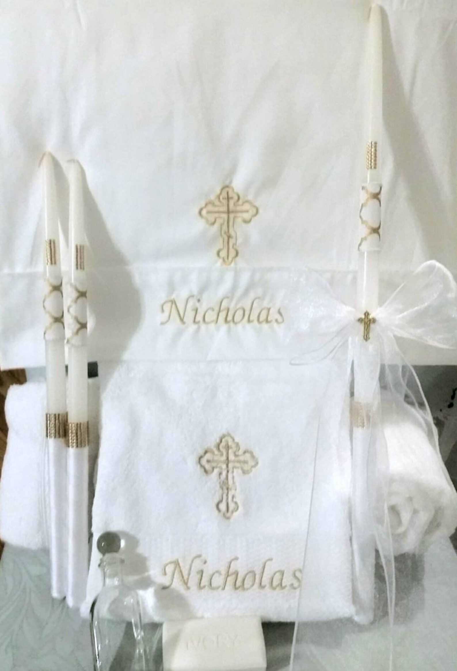 Special Listing Personalized Baptism Towels Candles and Oil - Etsy