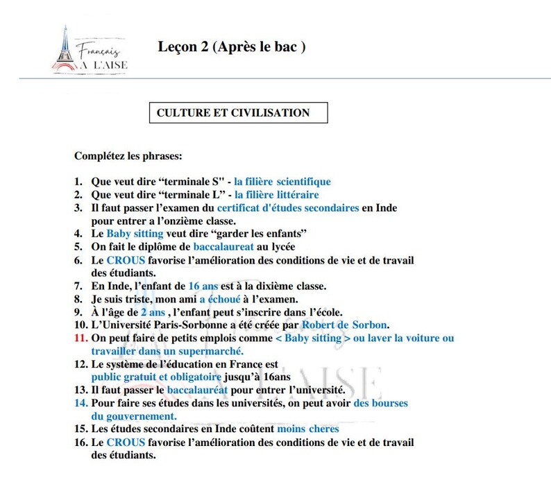 French Grade X L Culture and Civilization L Complete Solved Guide L ...