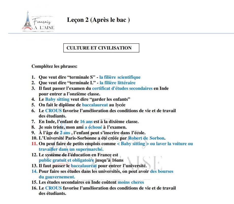 French Grade X L Culture and Civilization L Complete Solved Guide L ...